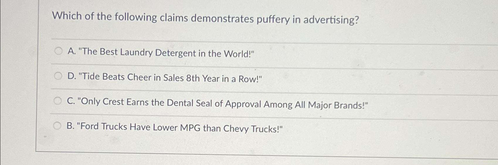 Solved Which of the following claims demonstrates puffery in | Chegg.com