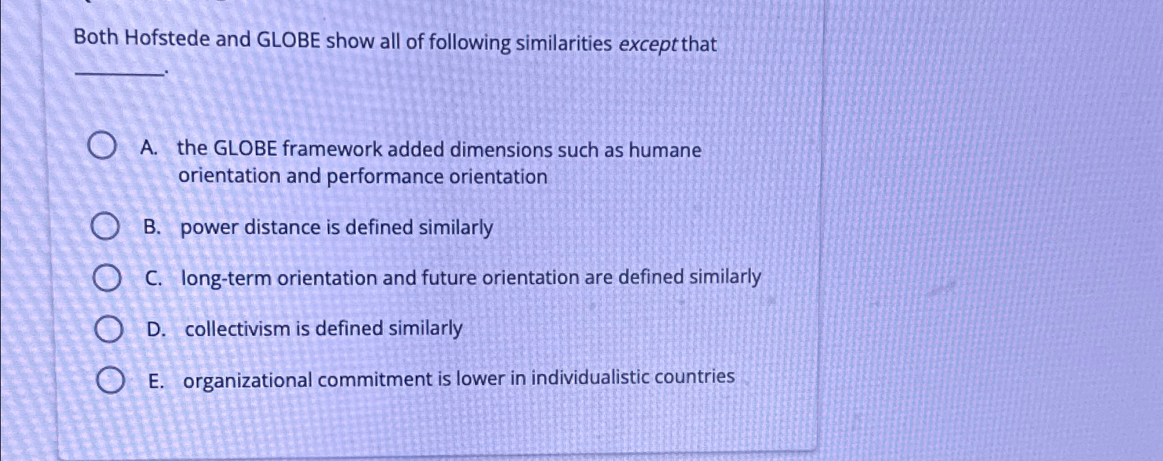 Solved Both Hofstede and GLOBE show all of following | Chegg.com