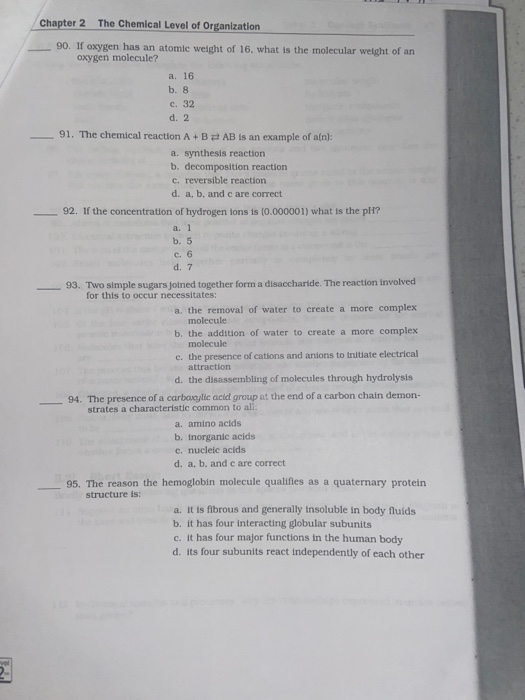 Solved Chapter 2 The Chemical Level of Organization 90. If | Chegg.com