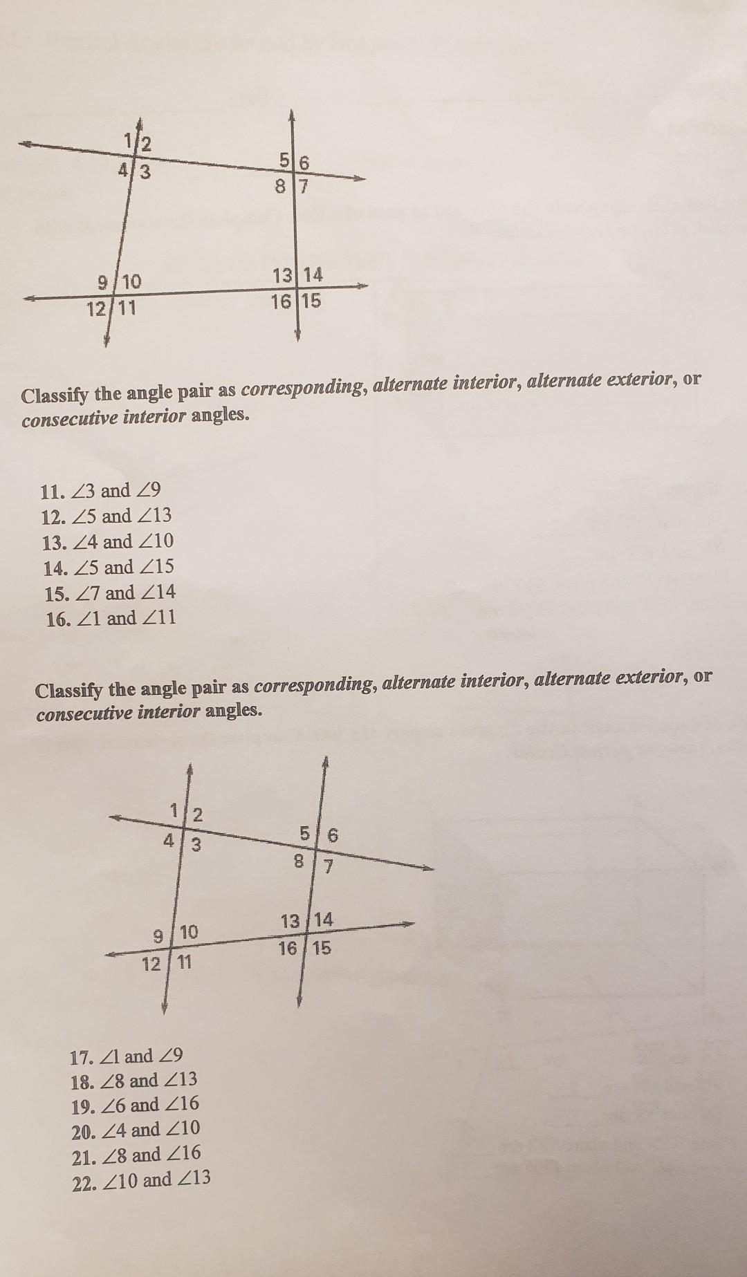 Solved Classify the angle pair as corresponding, alternate | Chegg.com
