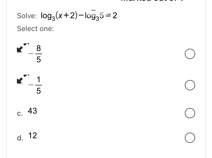 Solved Solve: log3(x+2)-log35=2Select | Chegg.com