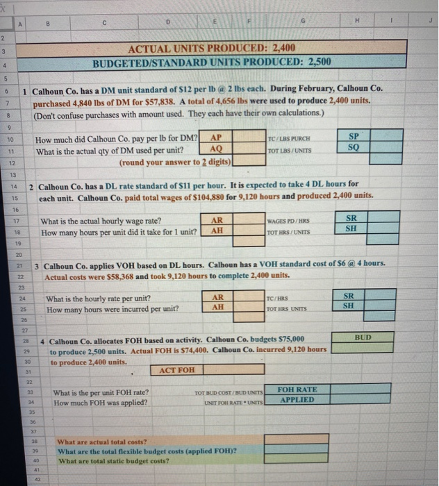 Solved ACTUAL UNITS PRODUCED: 2,400 BUDGETED/STANDARD UNITS | Chegg.com