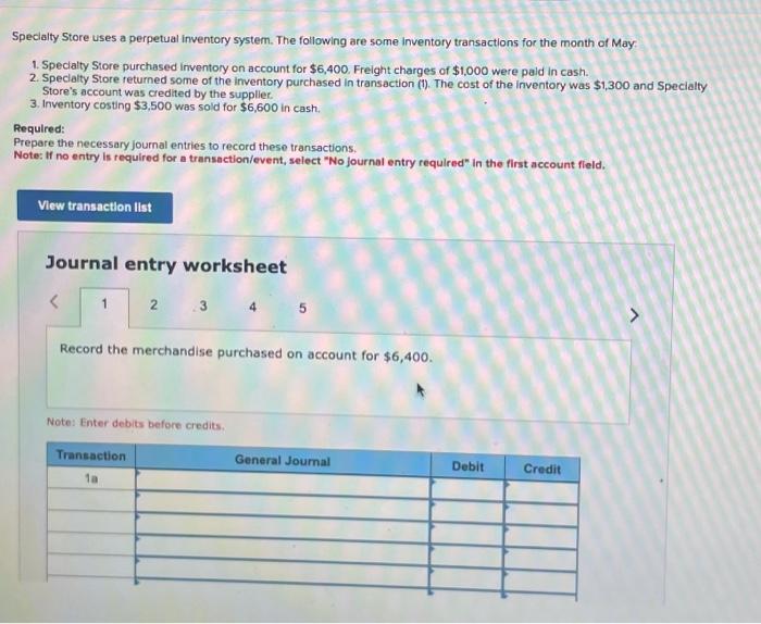 Solved Specialty Store uses a perpetual inventory system. | Chegg.com
