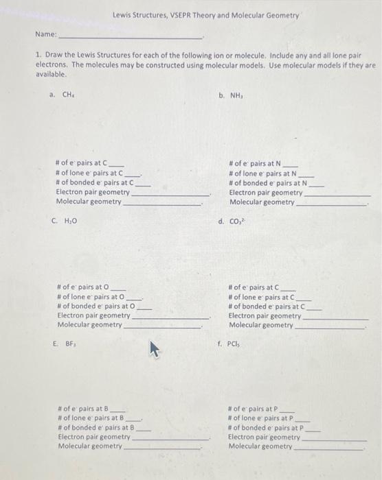Solved Lewis Structures, VSEPR Theory and Molecular Geometry | Chegg.com
