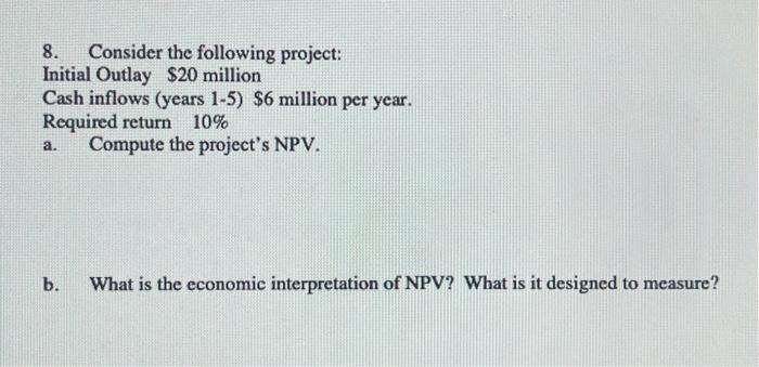 Solved 8. Consider the following project: Initial Outlay $20 | Chegg.com