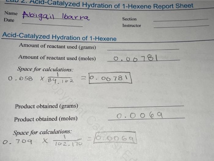 Solved 2. Ačid-Catalyzed Hydration of 1-Hexene Report Sheet | Chegg.com