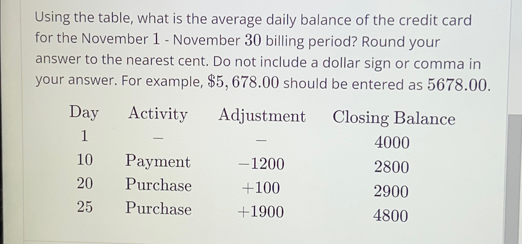 Solved Using the table, what is the average daily balance of | Chegg.com