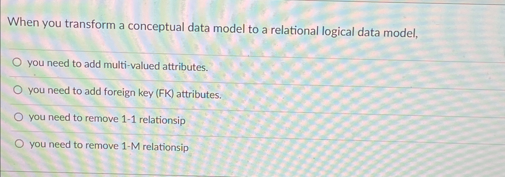 Solved When you transform a conceptual data model to a | Chegg.com