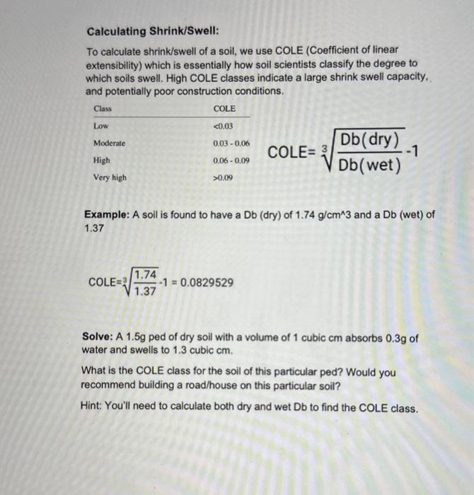 Solved Calculating Shrink/Swell: To calculate shrink/swell | Chegg.com