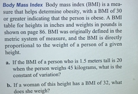 Solved Body Mass Index Body mass index (BMI) ﻿is a measure | Chegg.com