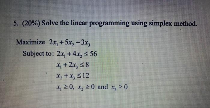 Solved 5. (20%) Solve the linear programming using simplex | Chegg.com