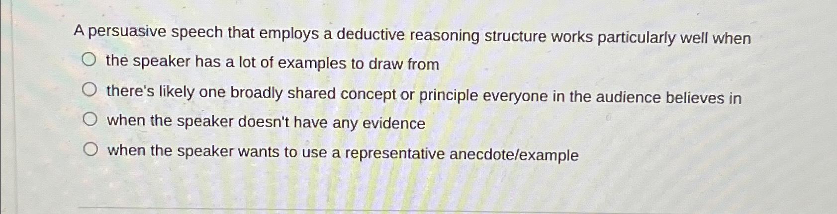 Solved A persuasive speech that employs a deductive | Chegg.com