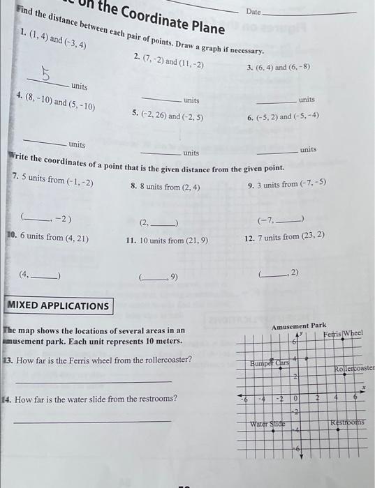 Solved the Coordinate Plane Date Find the distance between | Chegg.com