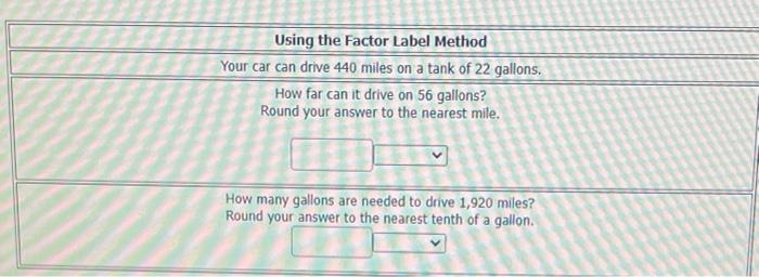 Solved Using the Factor Label Method Your car can drive 440 | Chegg.com