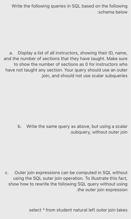 Write the following queries in SQL based on the | Chegg.com