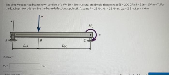 Solved For the beam and loading shown below, determine the | Chegg.com