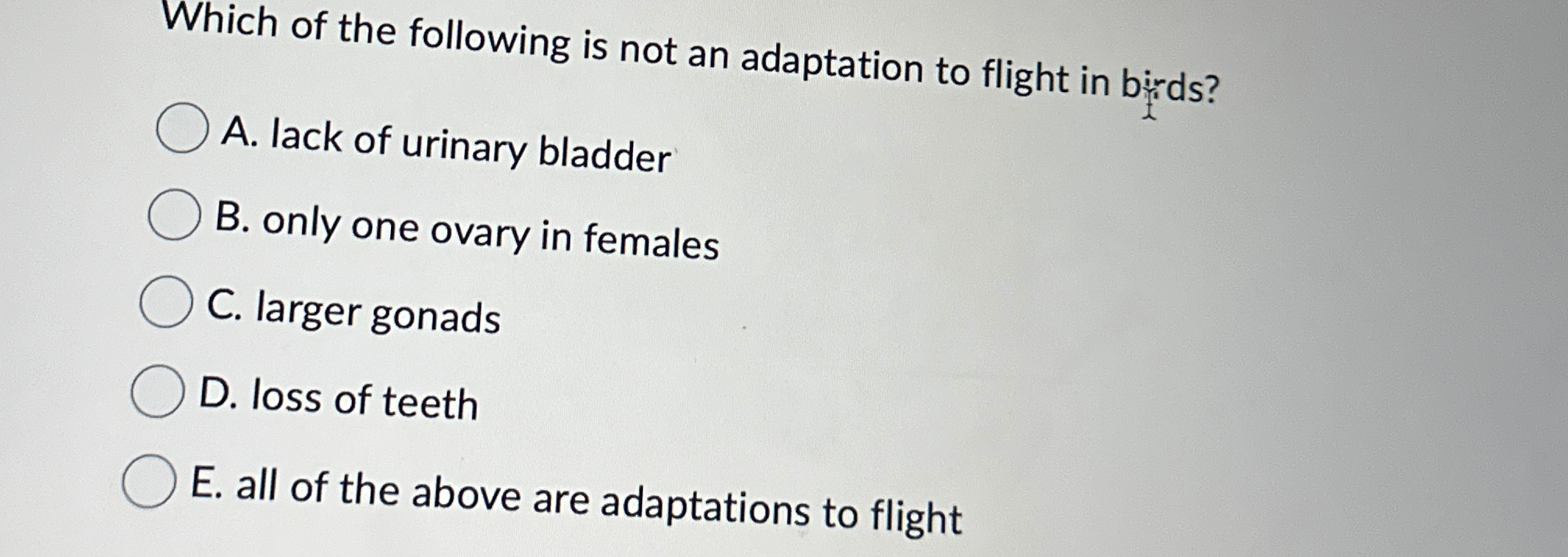 Solved Which of the following is not an adaptation to flight | Chegg.com