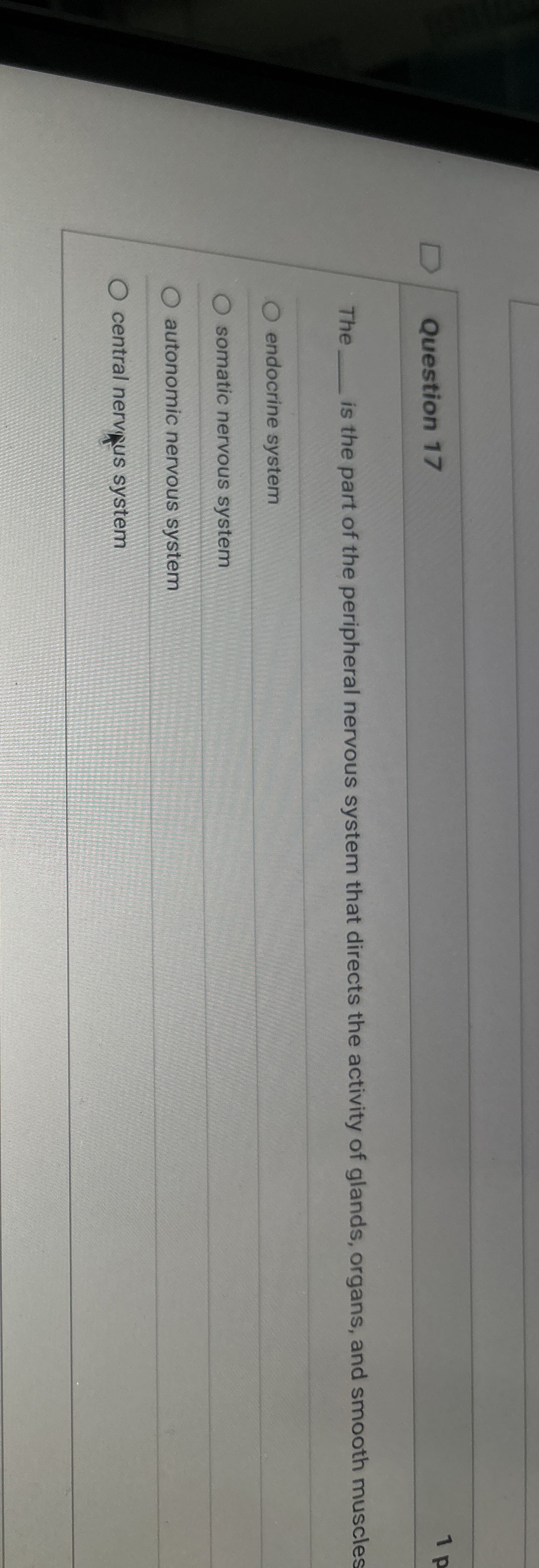 Solved Question 17Theis the part of the peripheral nervous | Chegg.com