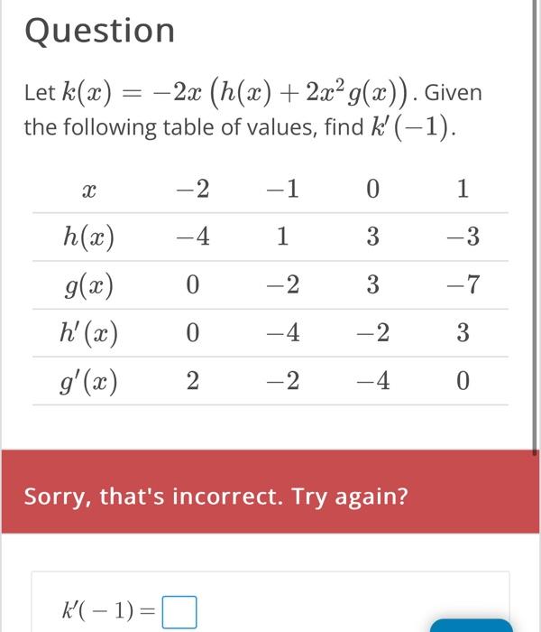 Solved Let k(x)=−2x(h(x)+2x2g(x)). the following table of | Chegg.com