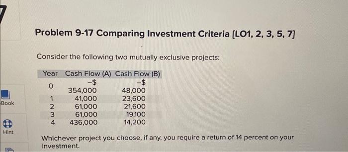 Solved Problem 9-17 Comparing Investment Criteria [LO1, 2, | Chegg.com