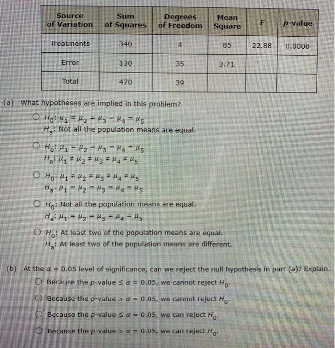 Solved Source of Variation Sum of Squares Degrees of Freedom | Chegg.com