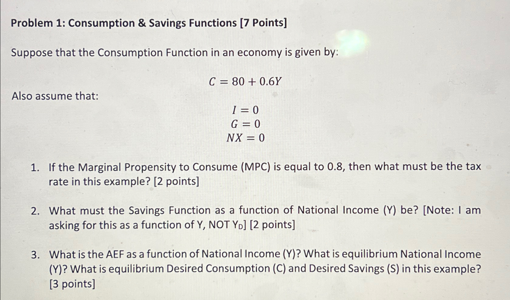 Solved Problem 1: Consumption & Savings Functions [7 | Chegg.com