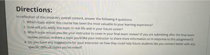 Solved Directions: In reflection of this module's overall | Chegg.com