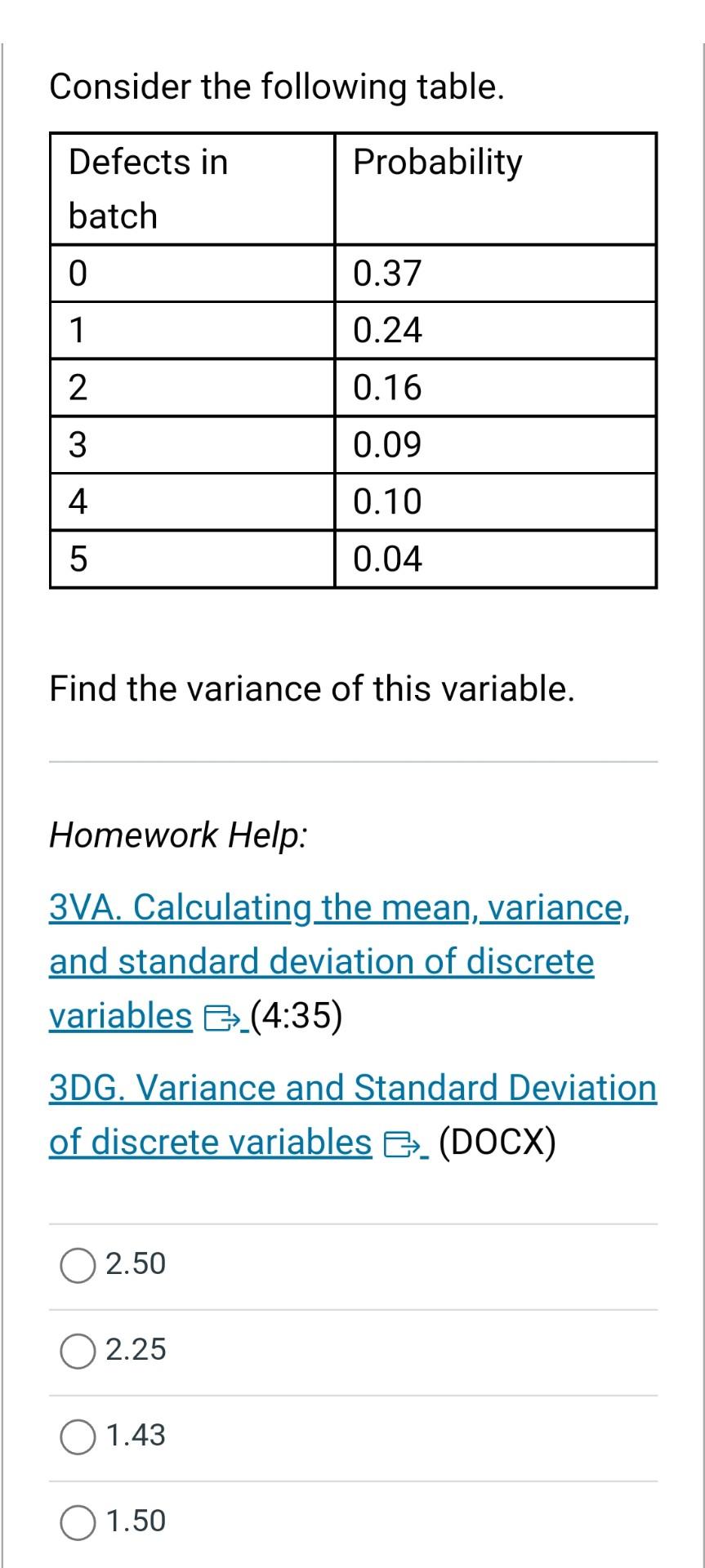 Solved Consider the following table. Find the variance of | Chegg.com