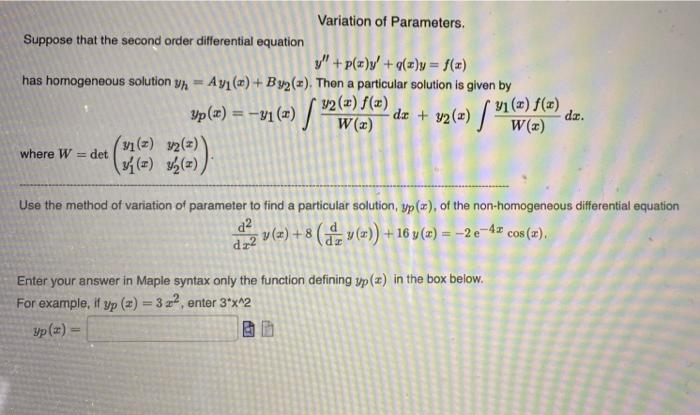Solved Variation Of Parameters Suppose That The Second