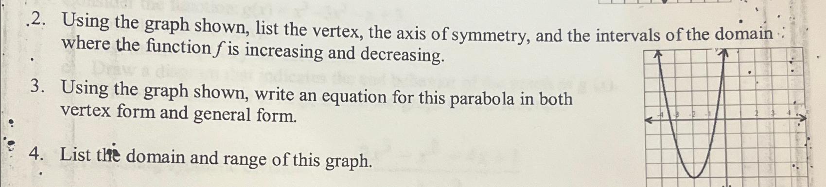 Solved Using the graph shown, list the vertex, the axis of | Chegg.com