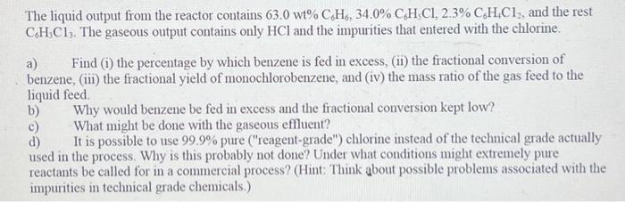 Solved Q1: Chlorobenzene (C6H5Cl) is an important solvent | Chegg.com