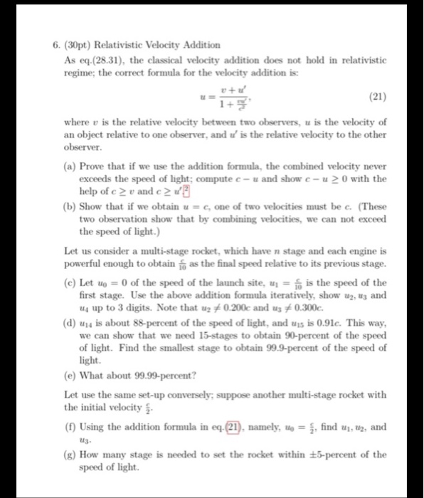 Solved 6. (30pt) Relativistic Velocity Addition As | Chegg.com
