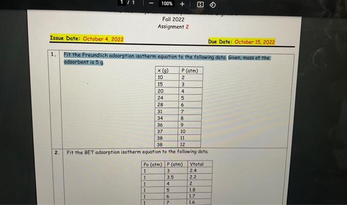 Solved . Fit the Freundlich adsorption isotherm equation to | Chegg.com