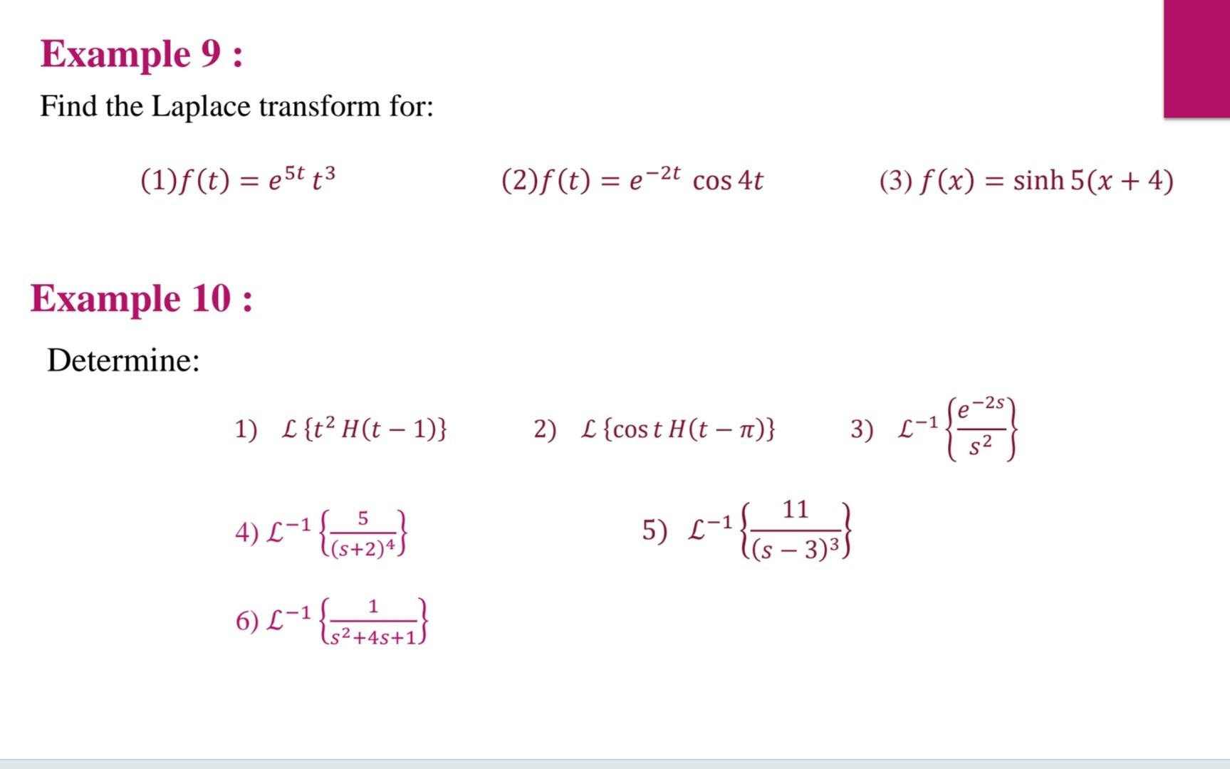 Solved Example 9: Find the Laplace transform for: (1) | Chegg.com