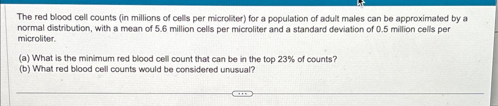 Solved The red blood cell counts (in millions of cells per | Chegg.com