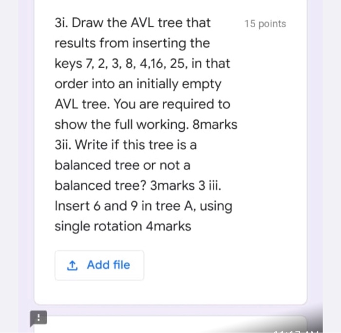 Solved 15 points 3i. Draw the AVL tree that results from | Chegg.com