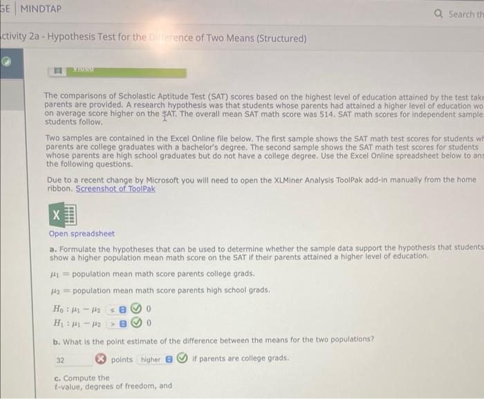 Solved The comparisons of Scholastic Aptitude Test (SAT) | Chegg.com