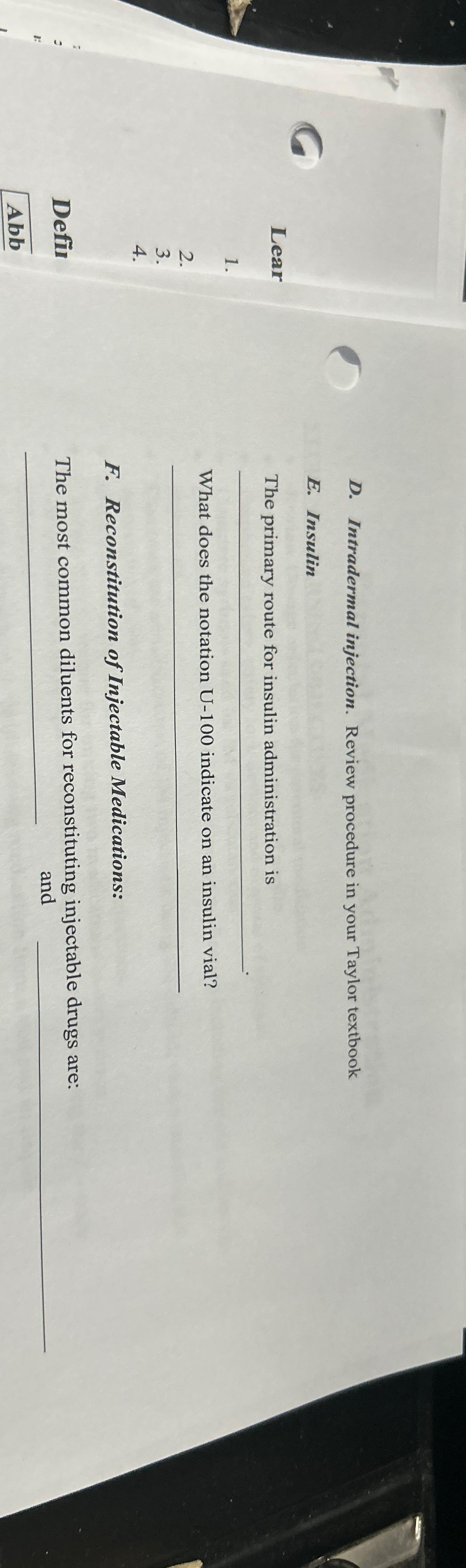 Solved D. ﻿Intradermal injection. Review procedure in your | Chegg.com
