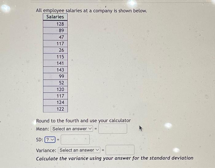 Solved All employee salaries at a company is shown below. | Chegg.com