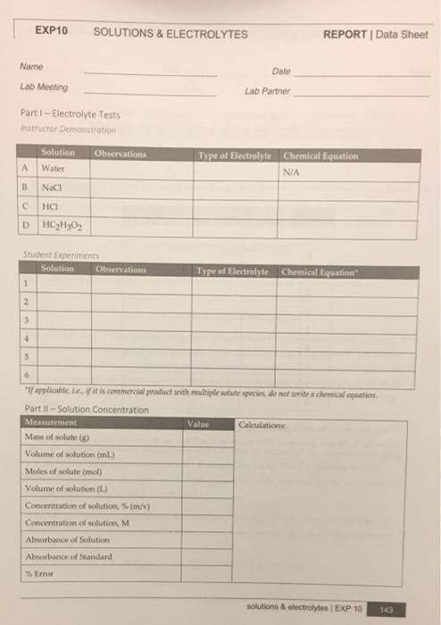 Solved EXP10 SOLUTIONS & ELECTROLYTES REPORT | Data Sheet | Chegg.com