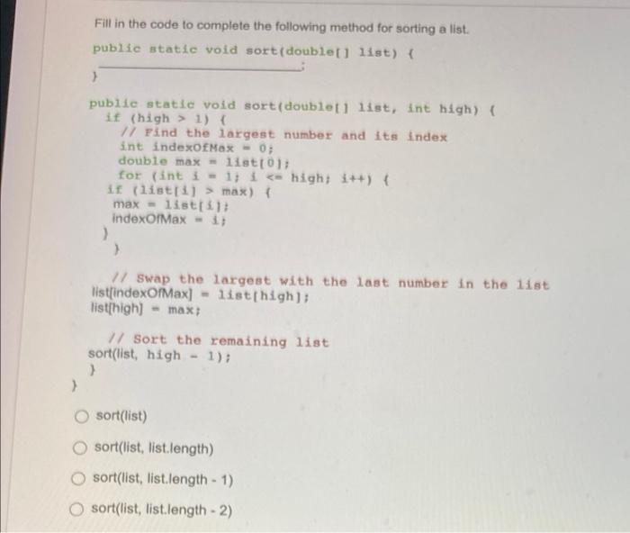 Solved Fill in the code to complete the following method for | Chegg.com