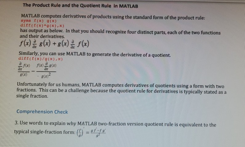 Solved The Product Rule and the Quotient Rule in MATLAB | Chegg.com