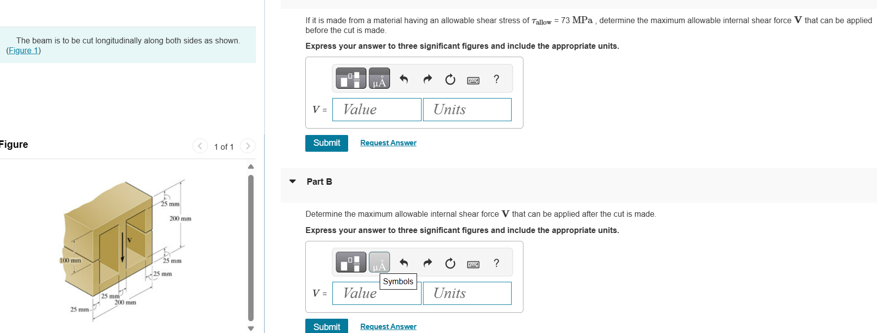 Solved The beam is to be cut longitudinally along both sides | Chegg.com