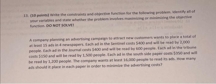 Solved 13. (10 points) Write the constraints and objective | Chegg.com