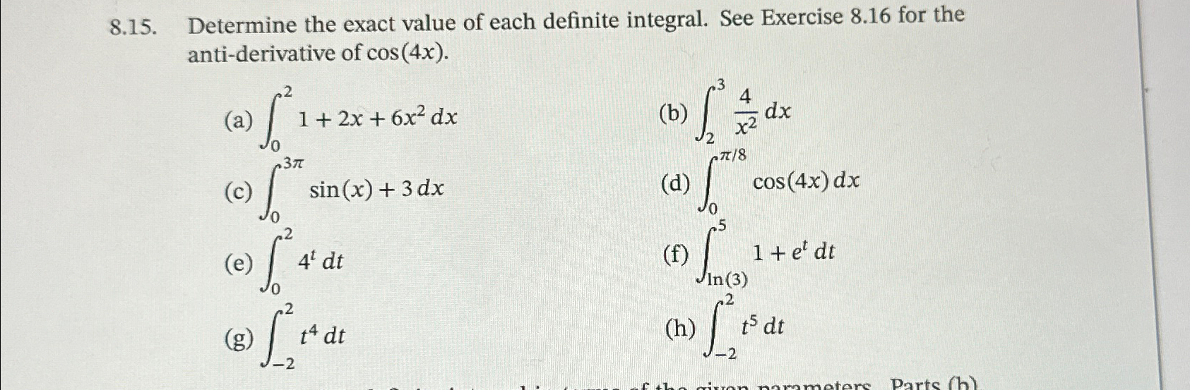 Solved 8.15. ﻿Determine the exact value of each definite | Chegg.com