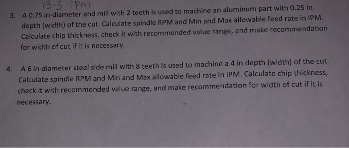 Solved 13.3 ipm 3. A 0.75 in-diameter end mill with 2 teeth | Chegg.com