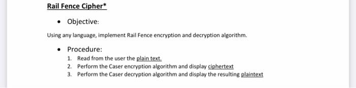 Solved Rail Fence Cipher Objective Using Any Language