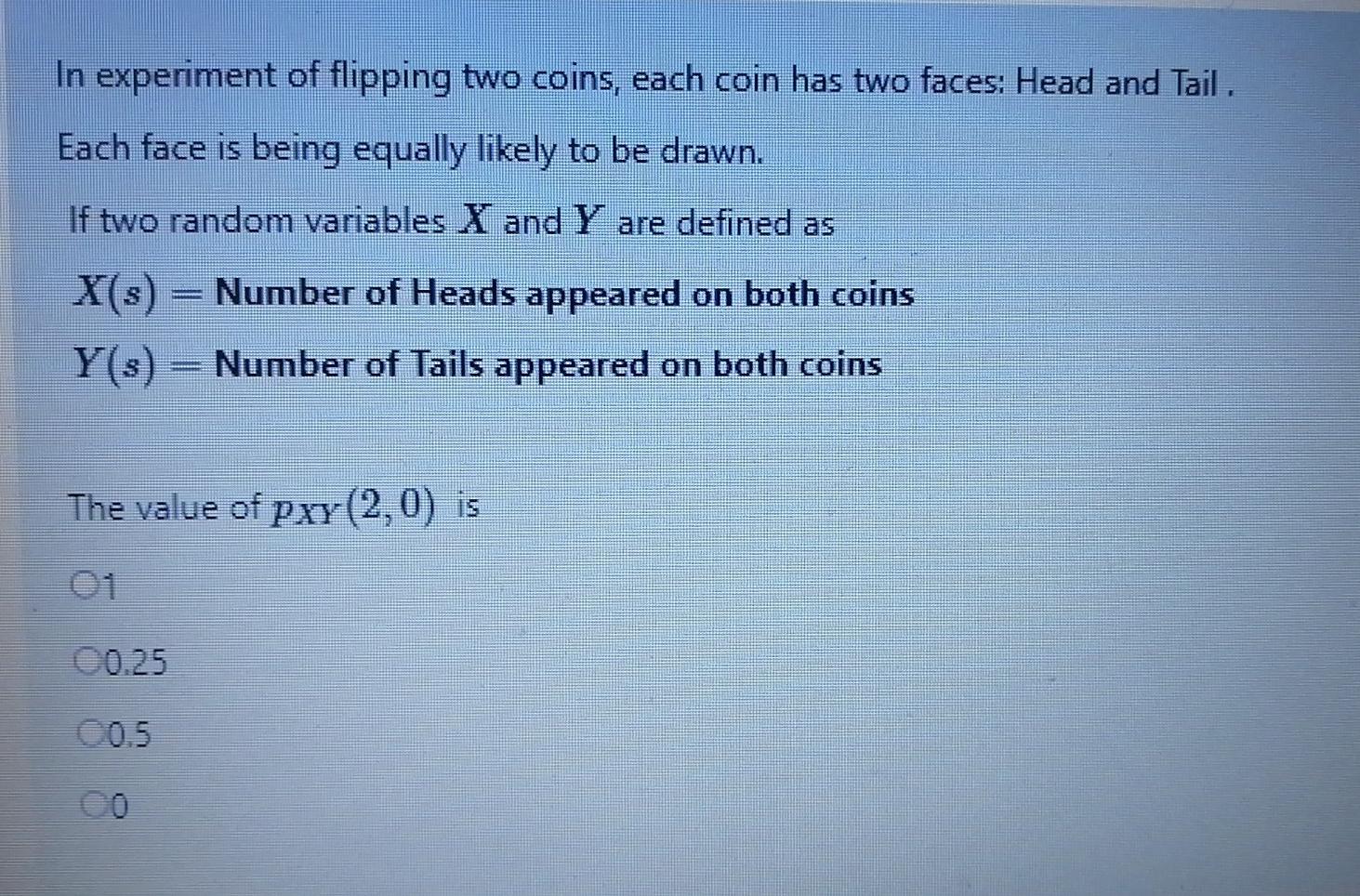 Solved In experiment of flipping two coins, each coin has | Chegg.com