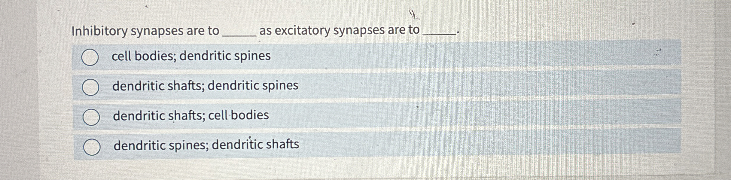 Solved Inhibitory synapses are to ﻿as excitatory synapses | Chegg.com