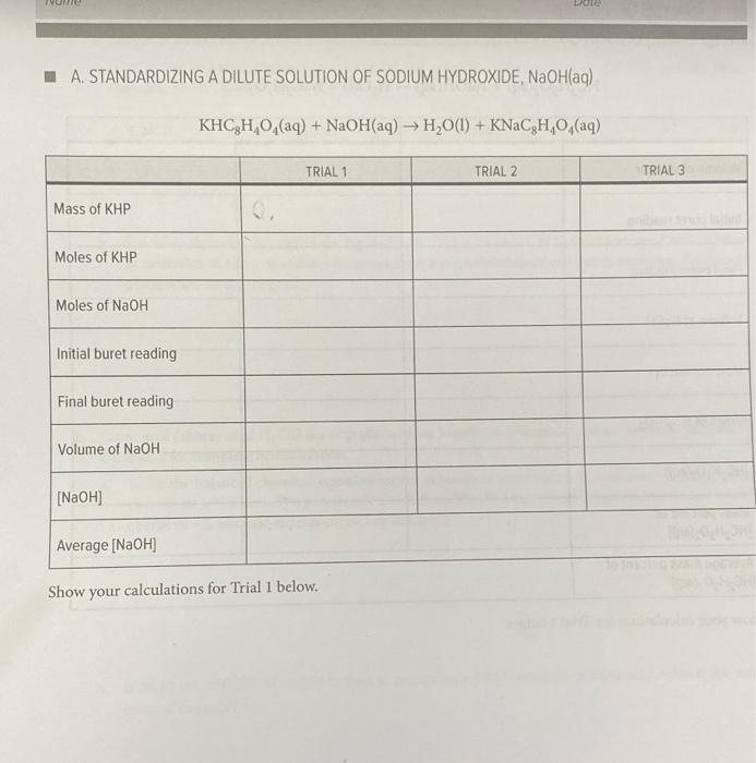 Solved were Lote A. STANDARDIZING A DILUTE SOLUTION OF | Chegg.com
